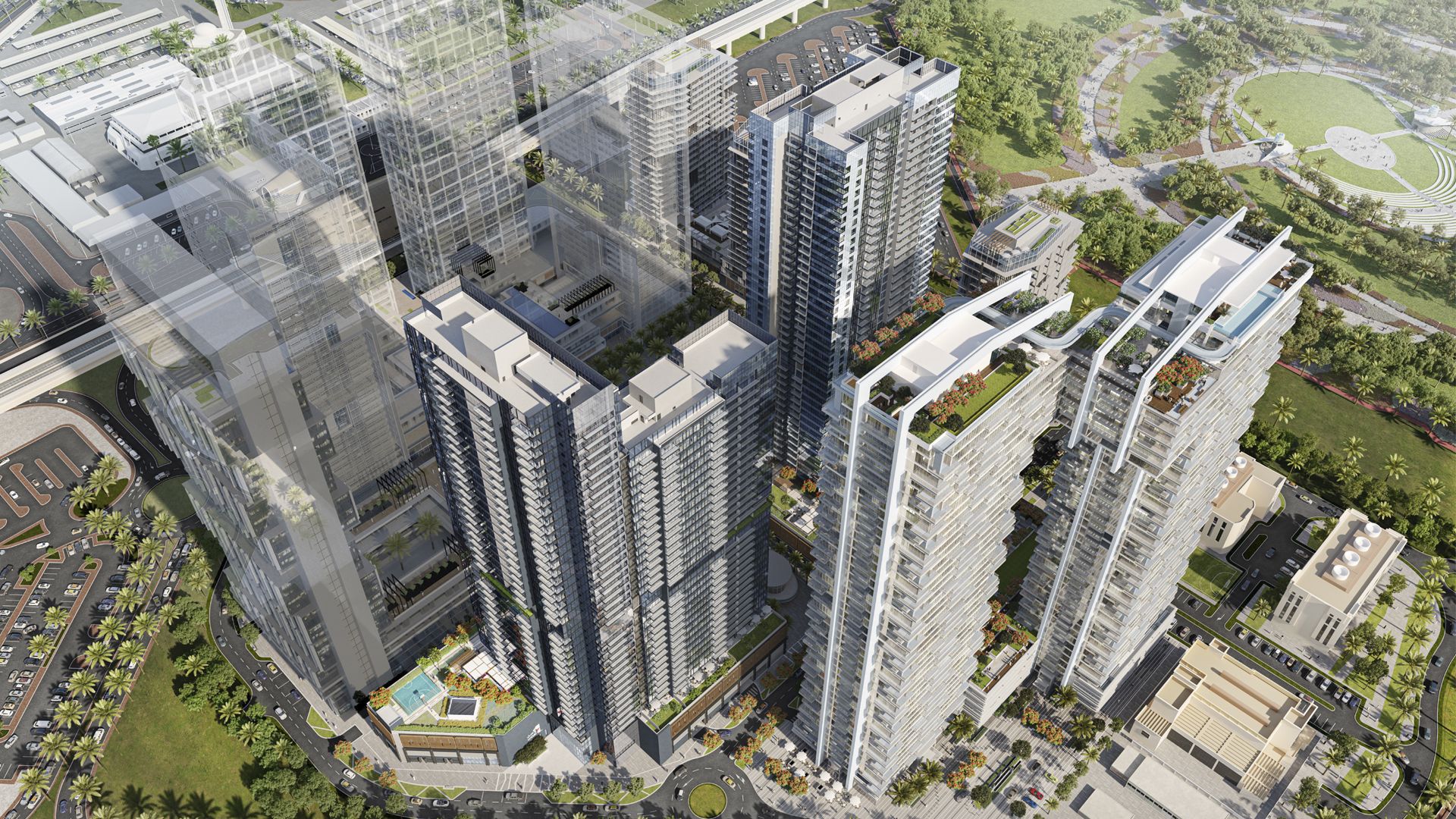 Park Views Residences are two towers connected by a podium on the ...